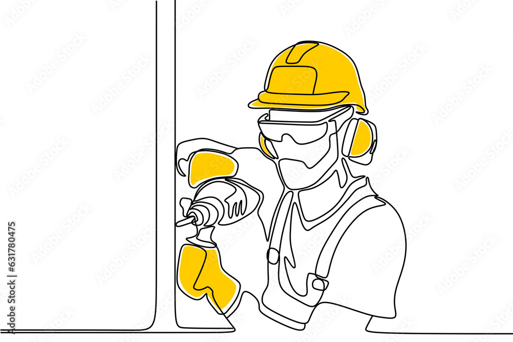 Single continuous line drawing of young construction worker. Building ...