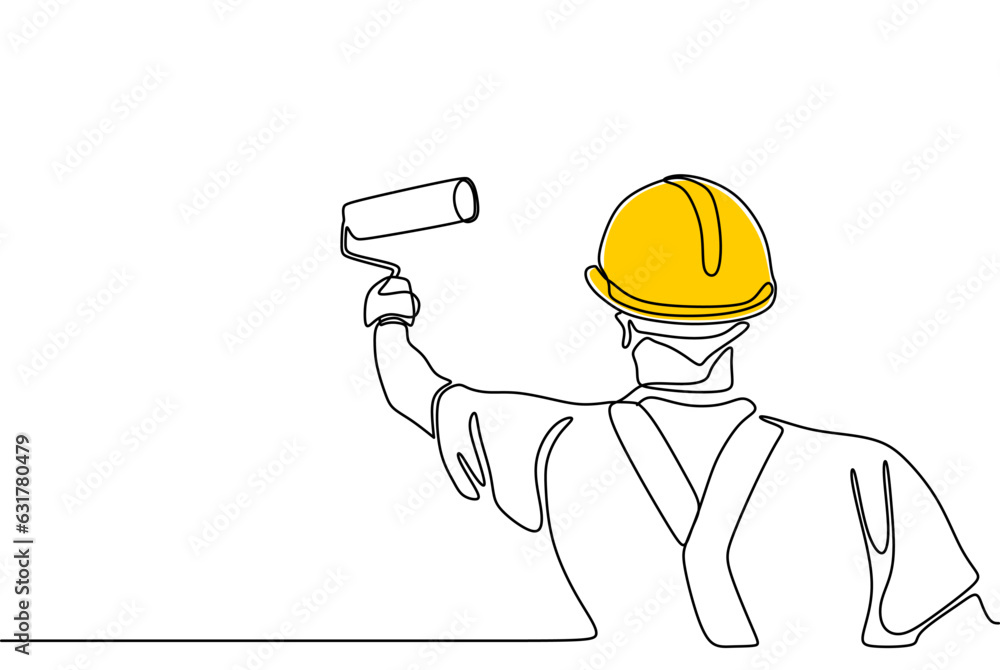 Continuous one line drawing of young construction man painting the wall ...