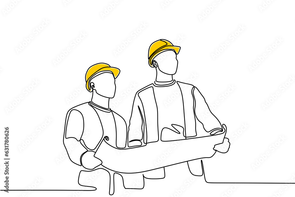 Single continuous line drawing of young construction manager giving ...