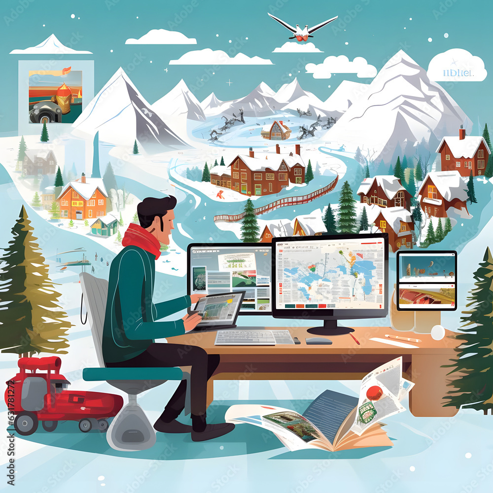 Clipart of employees of travel companies creating winter vacation ...