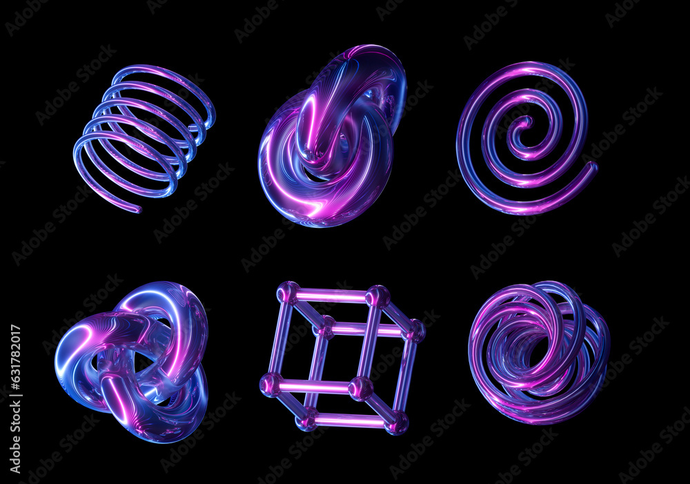 3d render, collection of simple geometric elements. Set of neon icons ...