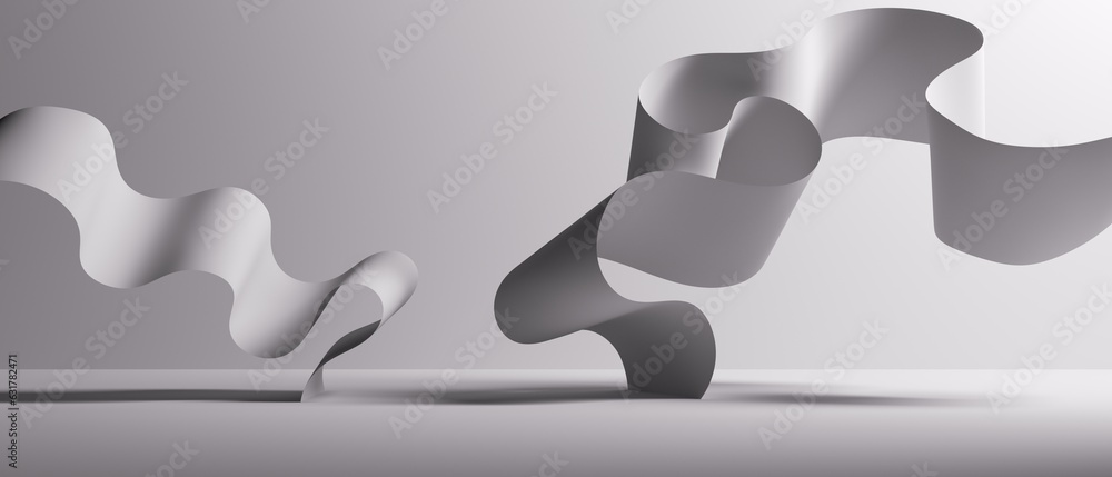 3d render. Abstract minimalist background of folded paper scroll. Curvy ...