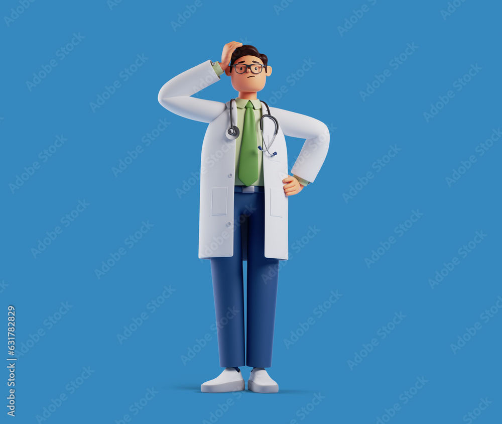 3d render, full body length cartoon character doctor looks confused ...
