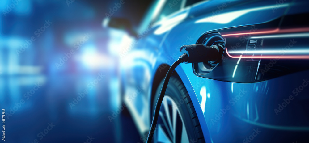 EV Car. blue electric vehicle charging station with power cable supply ...