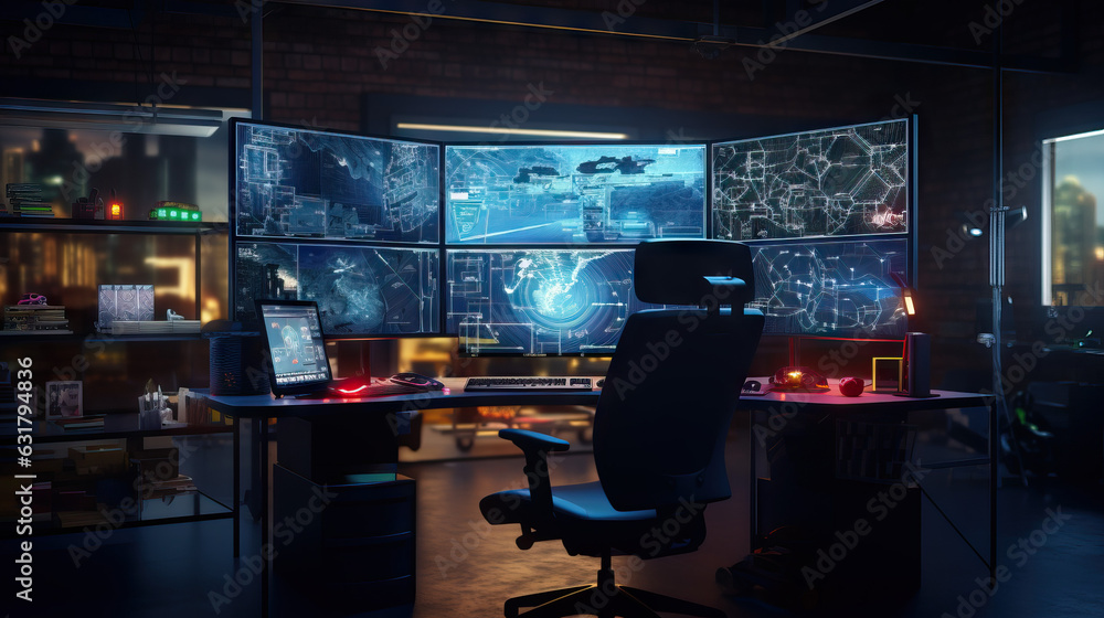 Futuristic Workspace of Hacker. Desk and Monitors With Swivel Chair ...