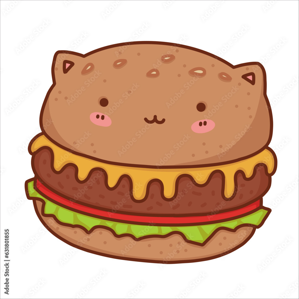 Kawaii Cat Cheeseburger Mascot.Cartoon Vector Icon Illustration.Animal ...