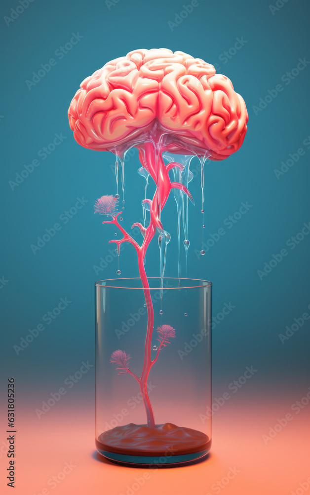 The human brain grows out of a glass container. A surreal composition ...