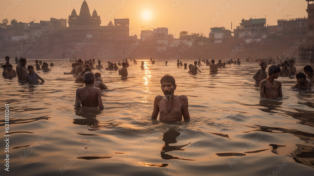 Many Indian People Taking a Dip and Bath in the Ganges River in India ...
