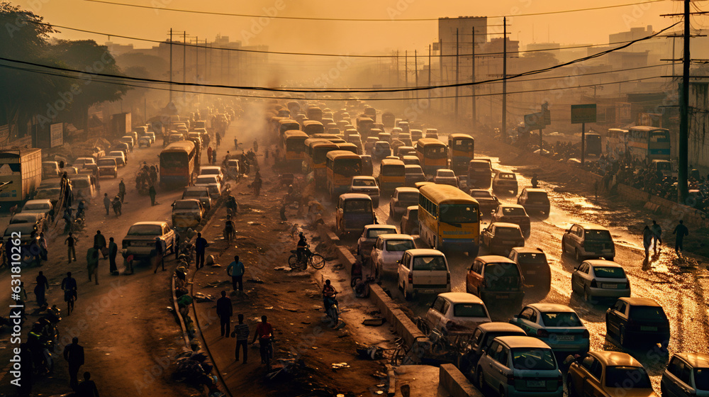Busy Streets of India. Traffic Cars In dusty Sunset. Bikes, Indian ...