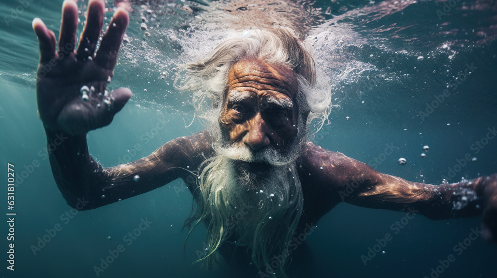Indian Man Underwater. Swimming Swimmer. Long White Bard and Hair ...