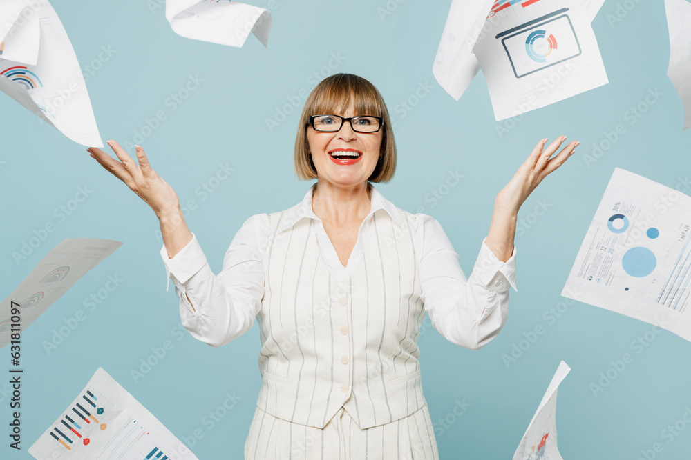 Blonde successful employee business woman 50s wear white classic suit ...