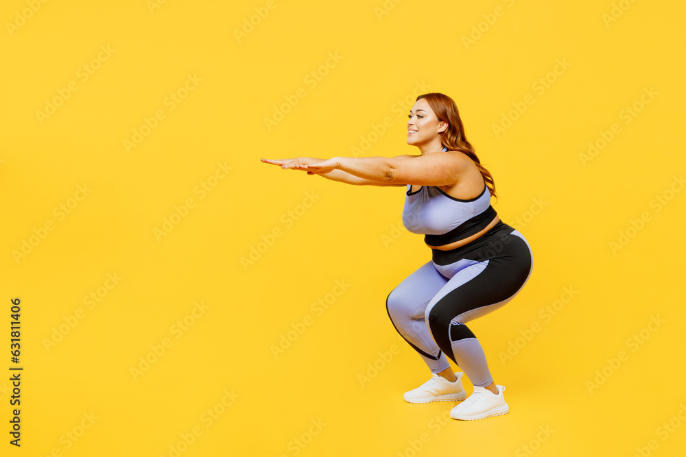 Full body side view young chubby plus size big fat fit woman wear blue ...