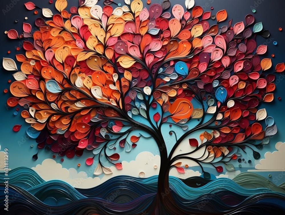 Colorful tree with multicolor leaves illustration background. 3d ...