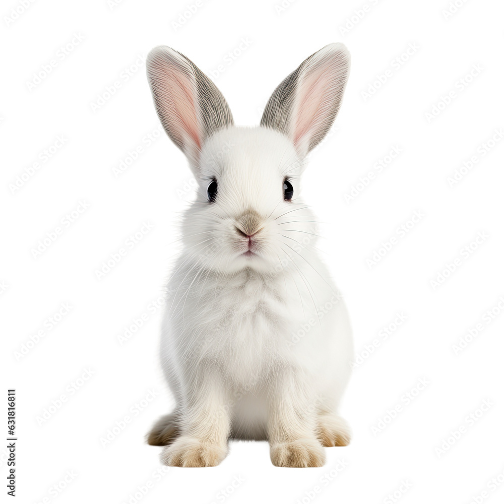 Cute white bunny standing on two legs with bright eyes on transparent ...