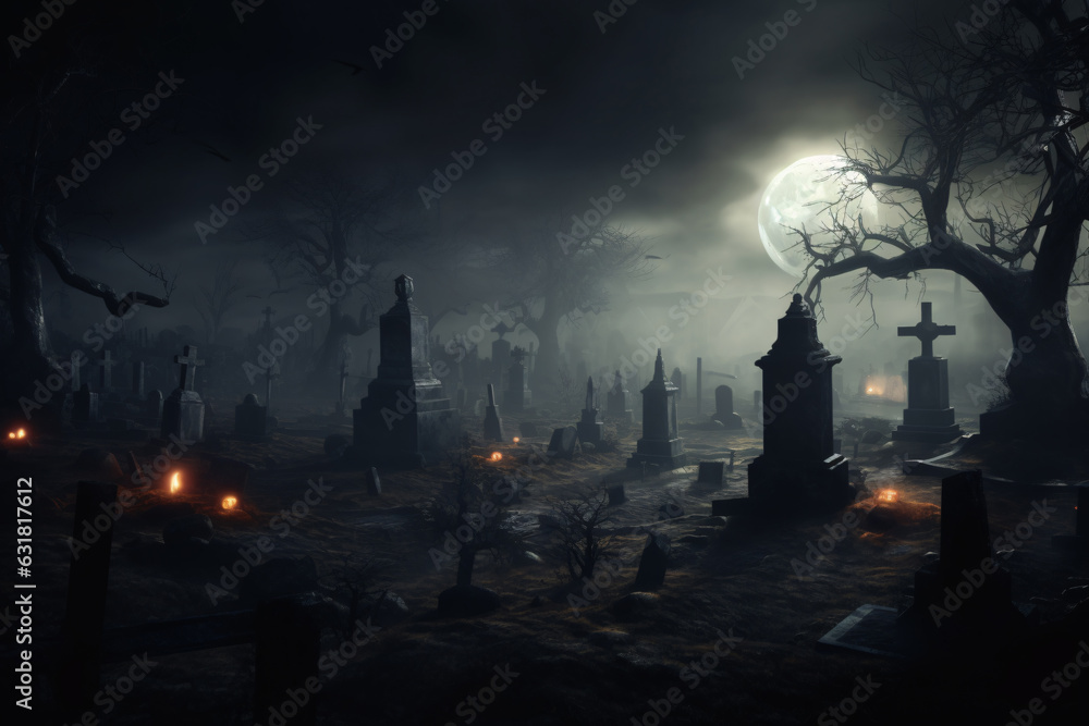 Halloween night background. Cemetery or graveyard in the night with ...