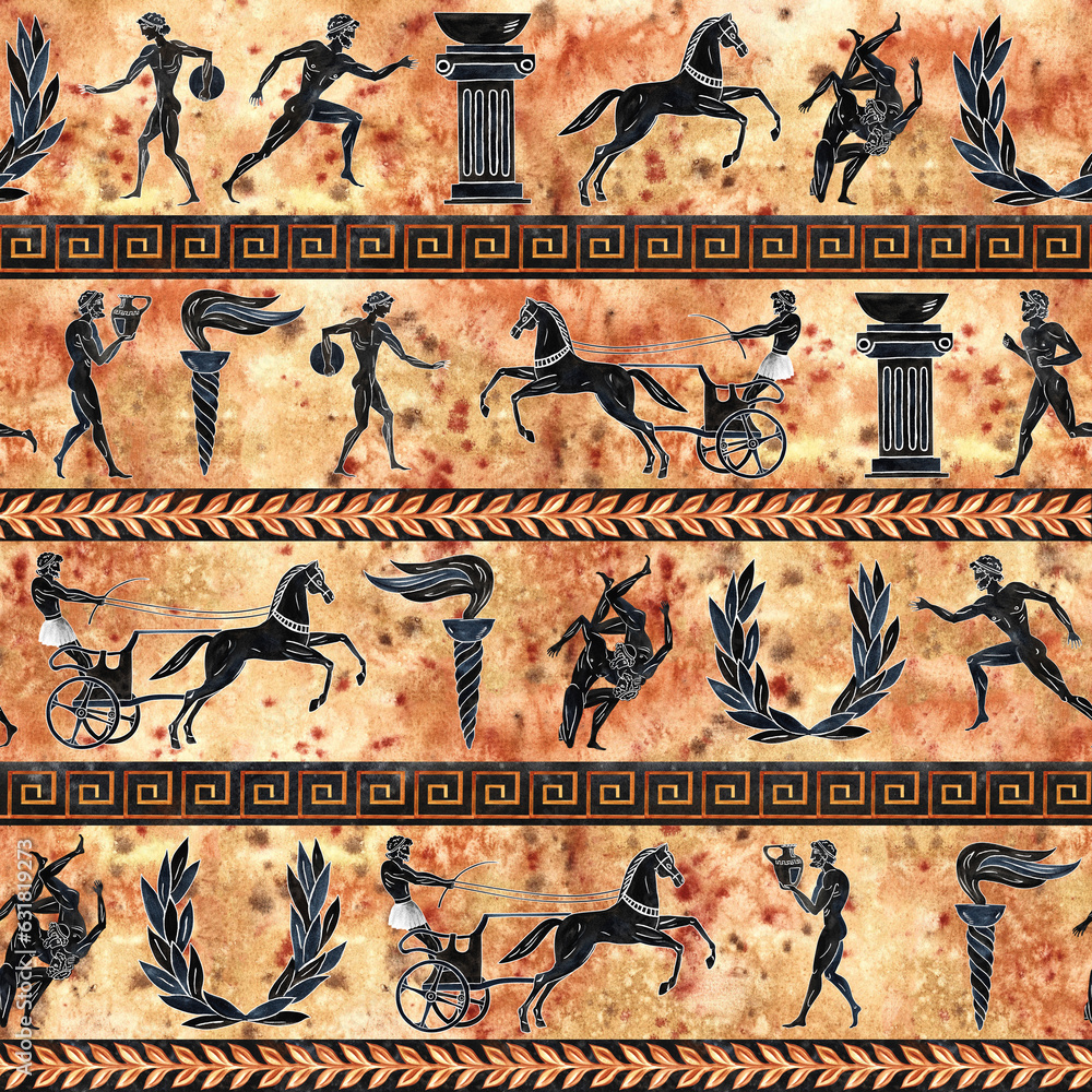 Seamless pattern with ancient Greek Olympic athletes. In the style of ...