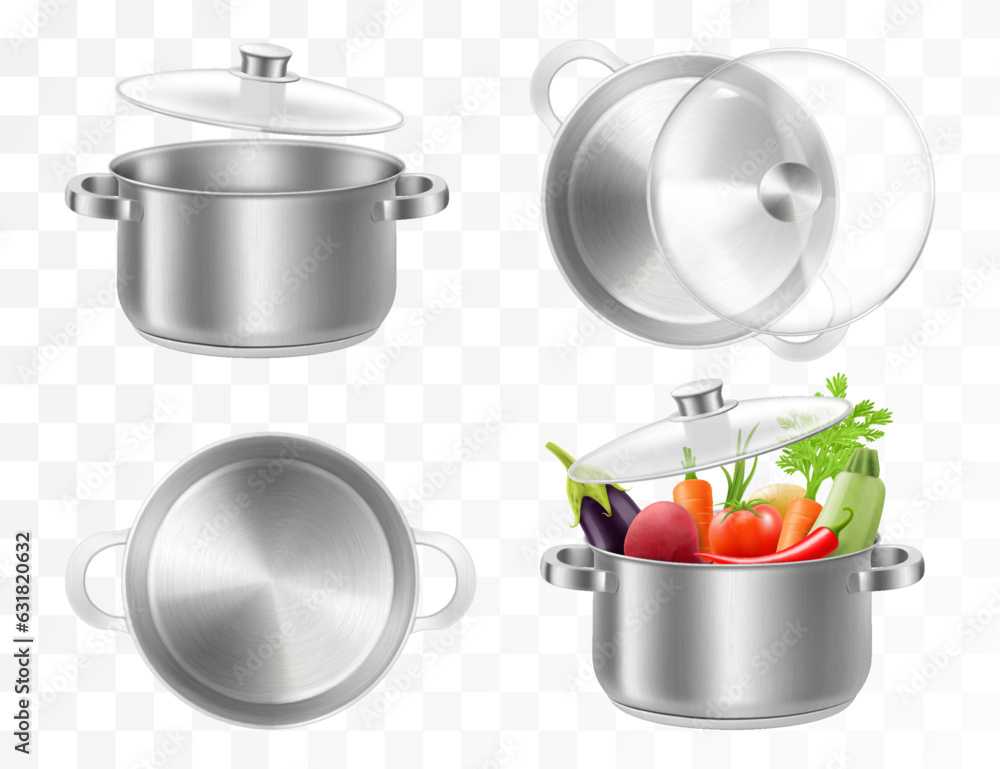Set of stainless steel pots isolated on a transparent background ...