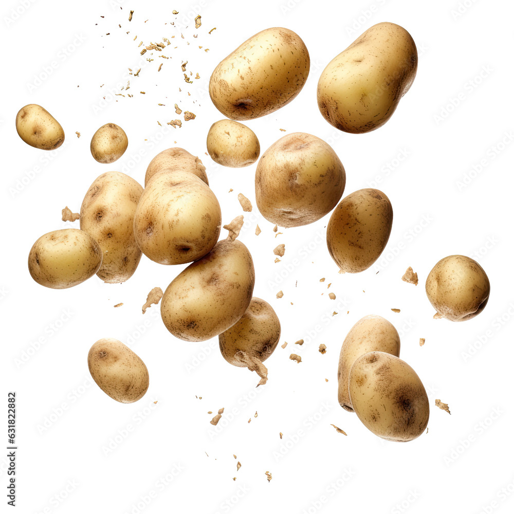 Potatoes falling alone on transparent background with path for cutting ...