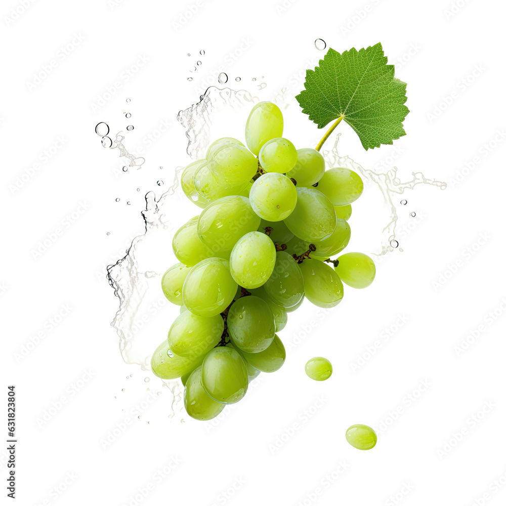 Vertical layout of fresh green grapes flying, isolated on transparent ...