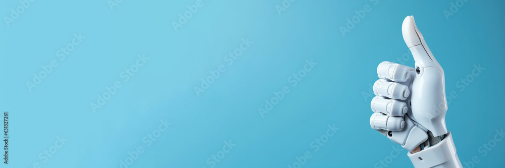 Banner with robot hand thumb up isolated on bright blue background ...