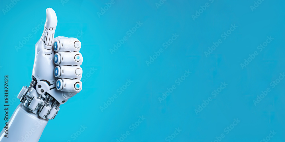 Banner with robot hand thumb up isolated on bright blue background ...