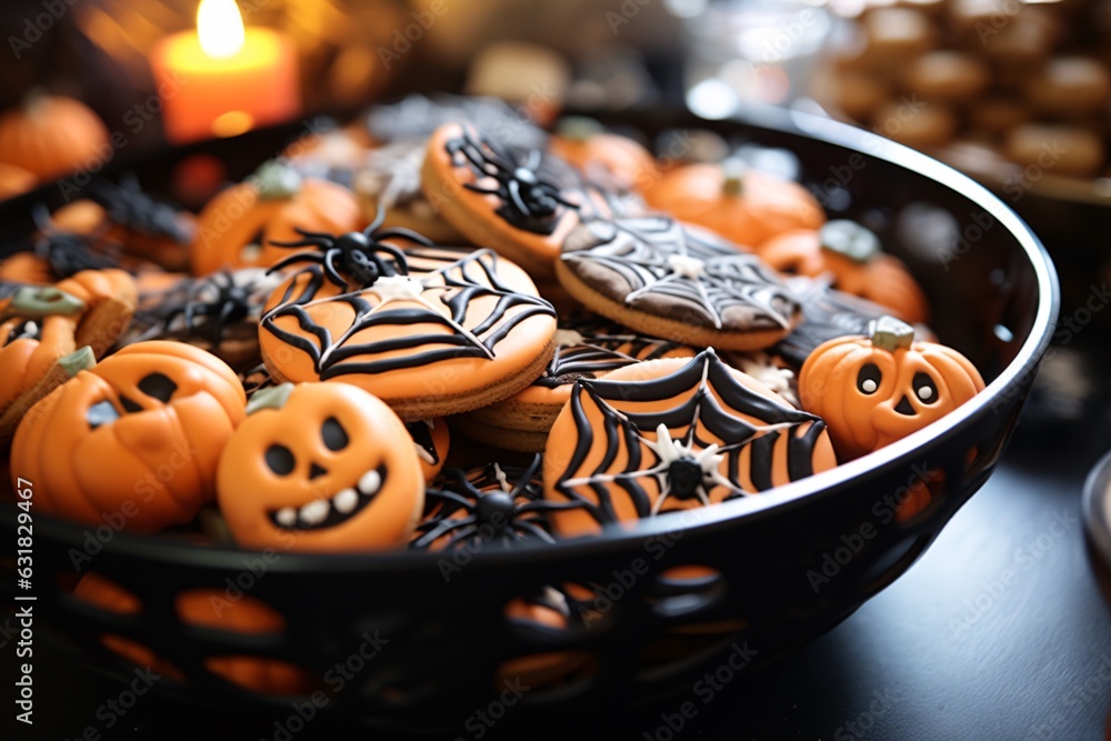 a bowl full of creepy Halloween-themed cookies and candies, with spider ...