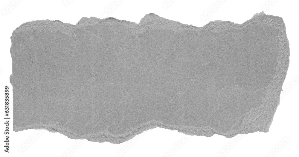 Single piece of isolated ripped crumpled blank gray paper with rough ...