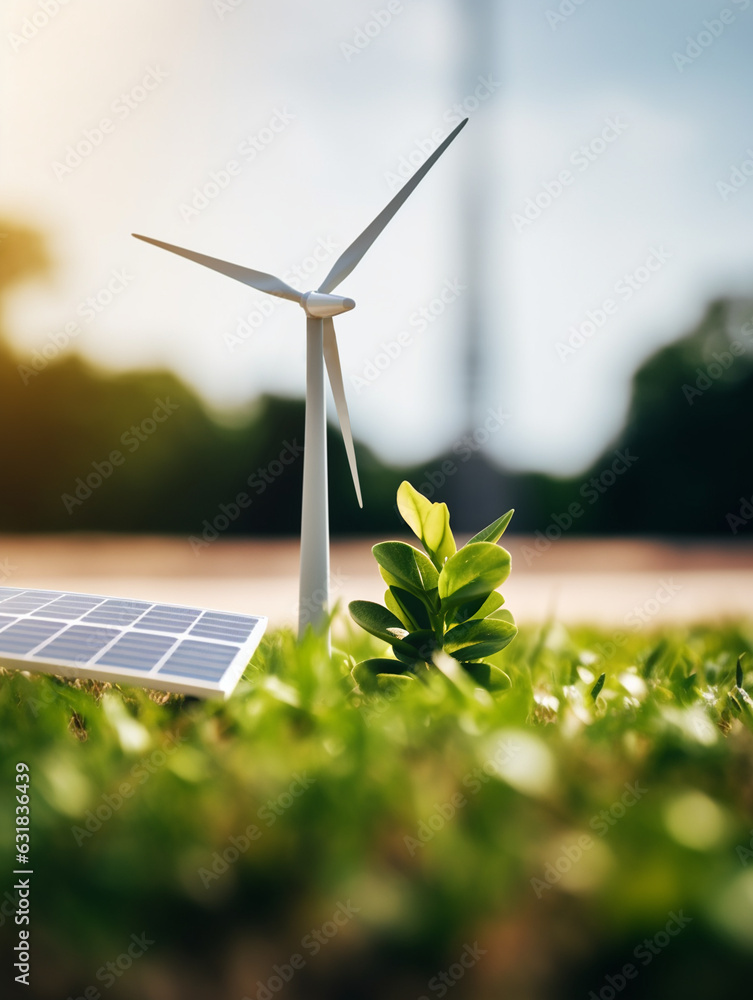 wind turbine and solar pannel illustration, renewable energy protecting ...