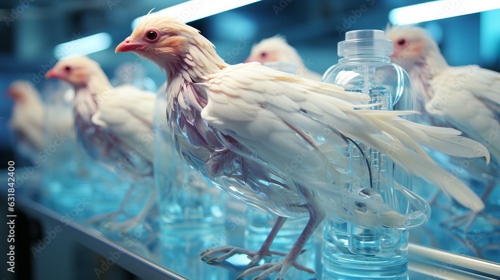 Hen in the laboratory. Bird's pink feathers. Artificial cultivation of ...