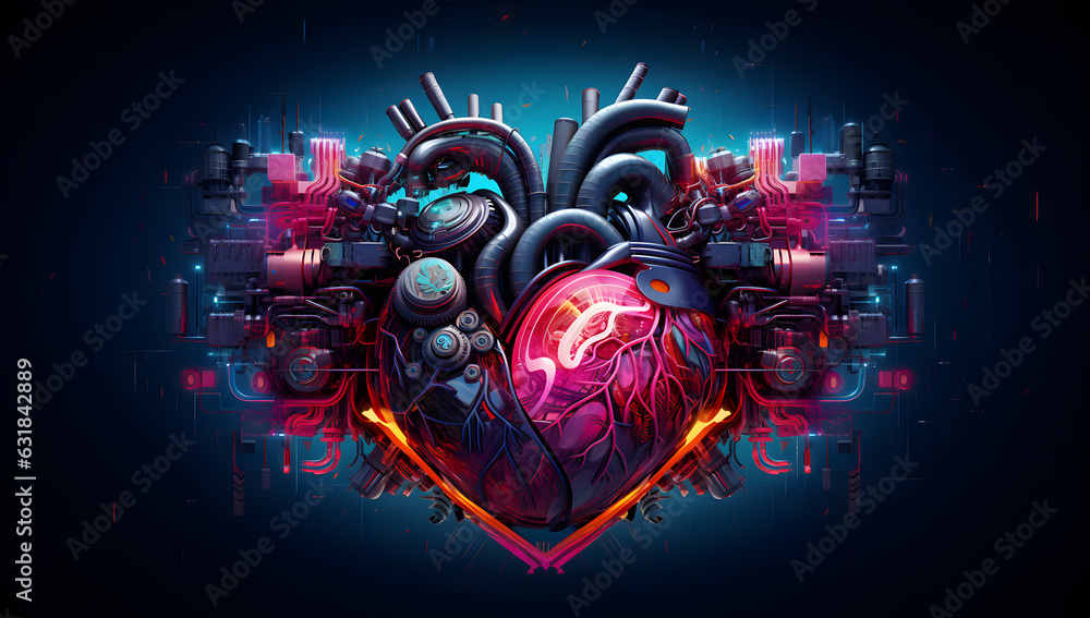 Electronic heart 3D design. Art in the style of cyberpunk dystopia ...