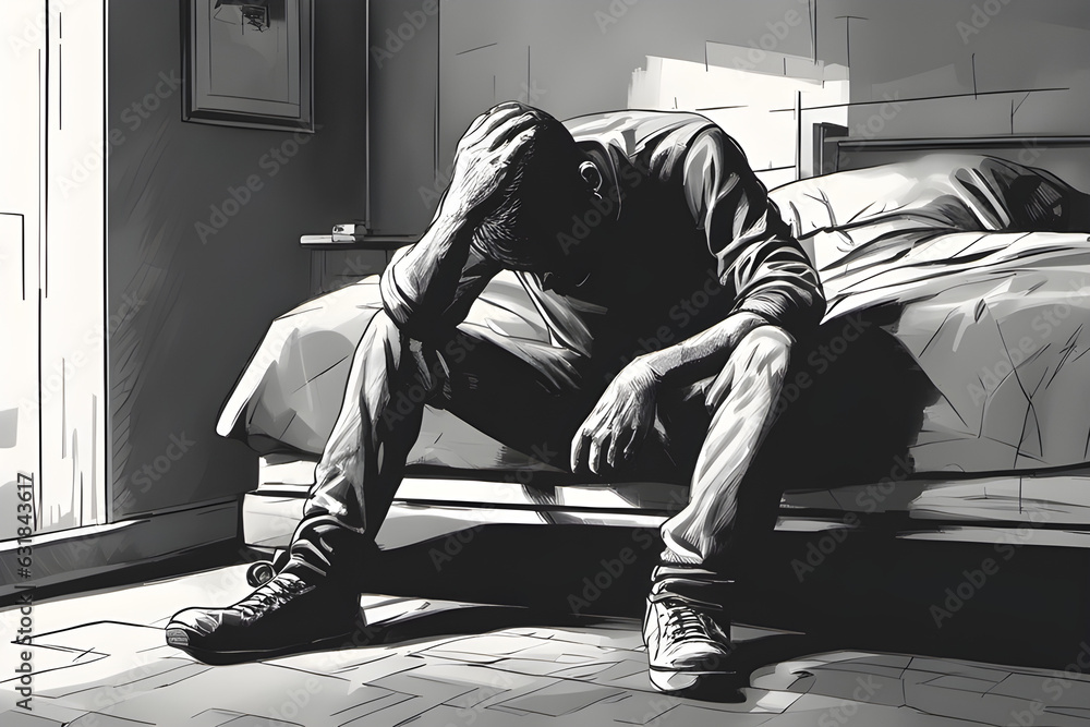 A depress man sitting on a bed in his bedroom, holding his head with ...