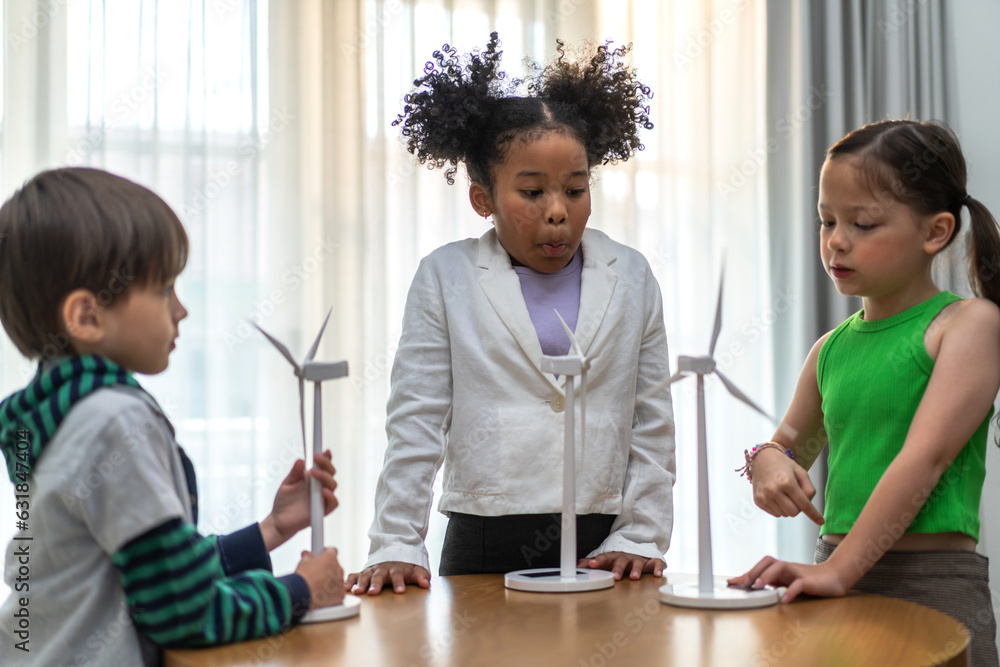 Portrait happy teacher help school children student having fun activity ...