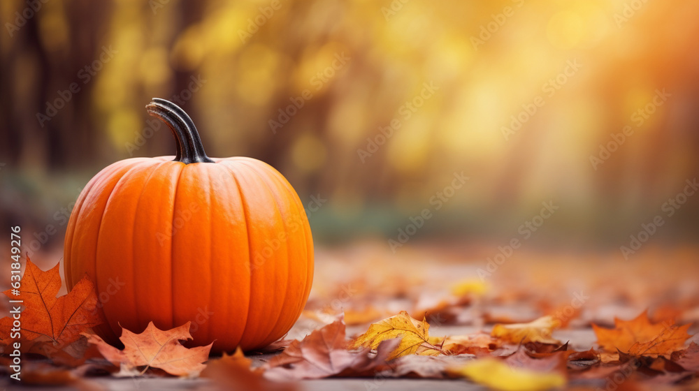 A single pumpkin on a colorful and cheerful fall foliage background ...