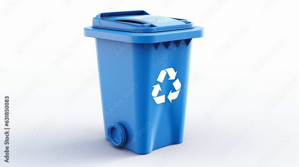 photograph of A Blue recycle bin with recycle symbol isolated on white ...