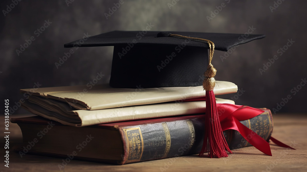 photograph of A mortarboard and graduation scroll, tied with red ribbon ...