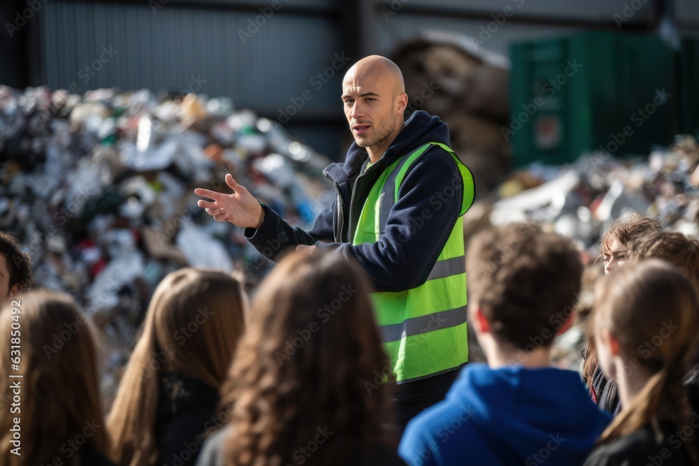 backdrop of a garbage factory waste management specialist educates ...