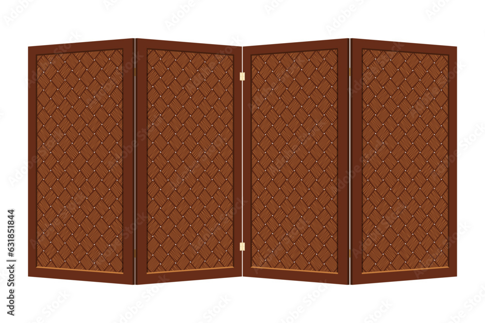 Brown folding screen with basketweave pattern. Vector four-leaf wooden ...