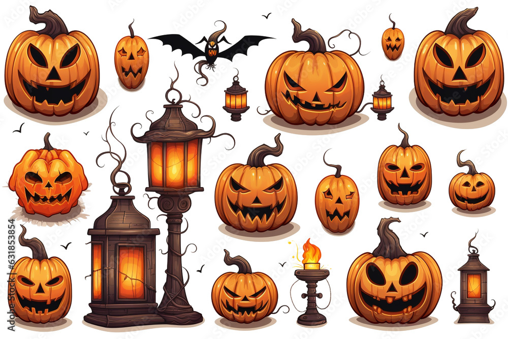Cartoon set of isolated halloween elements on a white background a ...