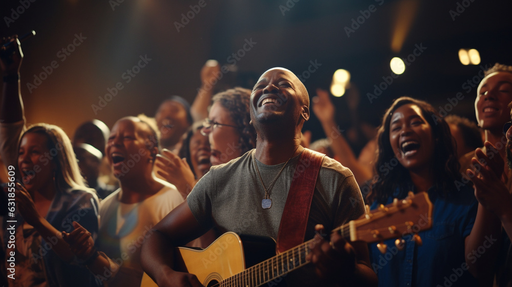 A diverse group of worshipers singing in unity, Church Conference ...