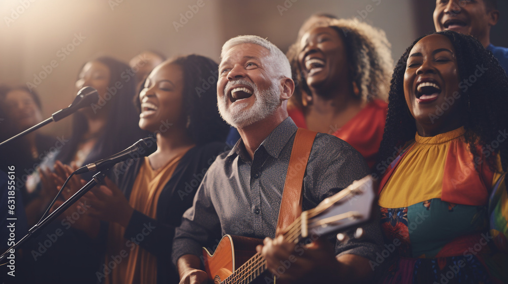 A diverse group of worshipers singing in unity, Church Conference ...
