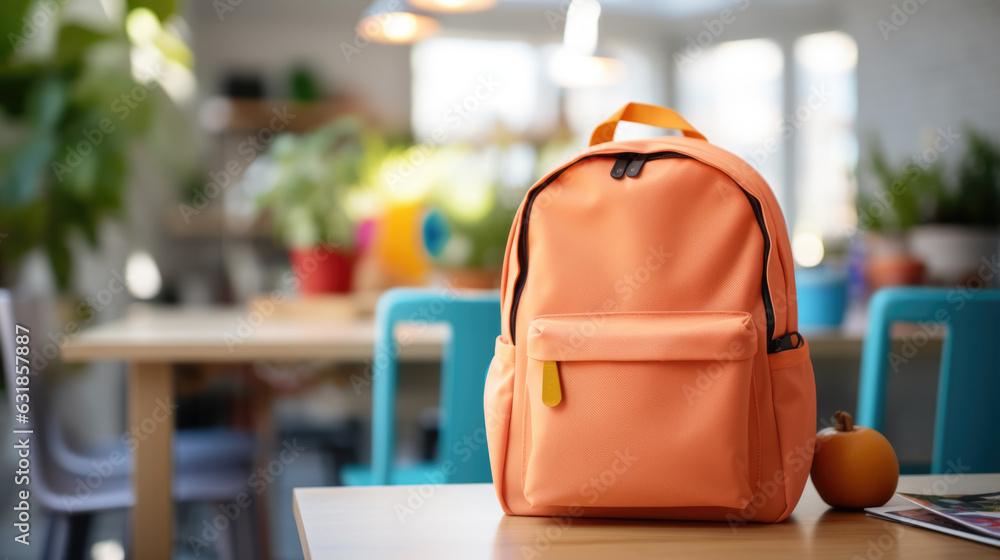 Back to school concept. Backpack with school supplies on classroom ...