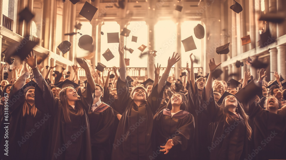 photograph of Graduate are celebrating graduation Throwing hands up a ...