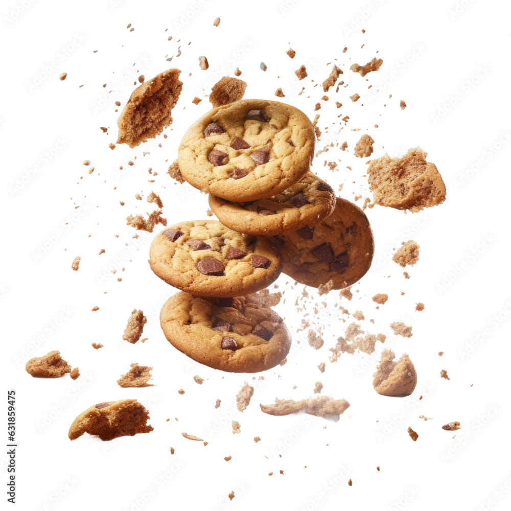 Bakery products flying in the air with a cookie falling on transparent ...