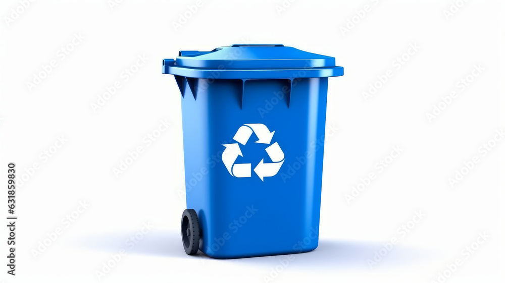 photograph of A Blue recycle bin with recycle symbol isolated on white ...