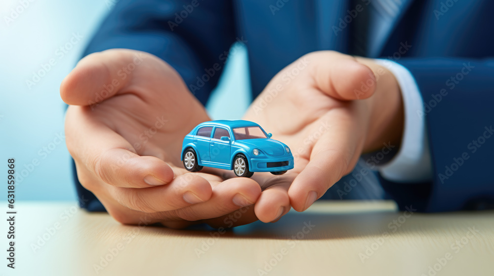 Car insurance. Male hands holdind blue car as protection concept ...