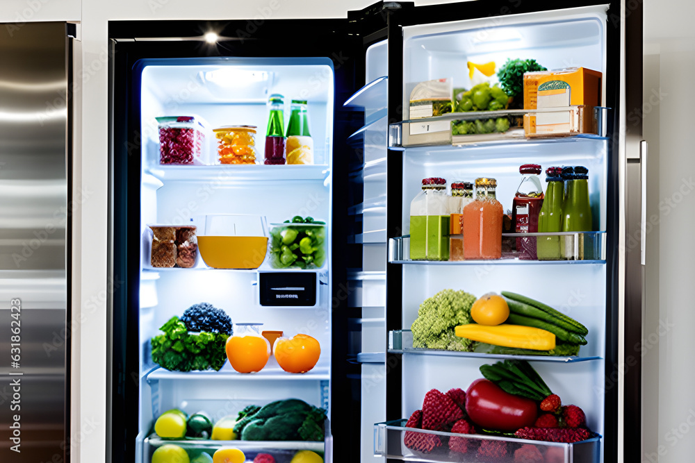 an open luxury refrigerator filled with lots of different types of food ...