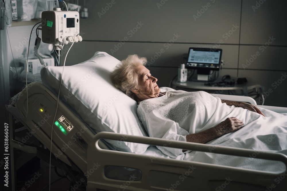 Sick senior woman in poor health sleeping in a hospital bed while ...