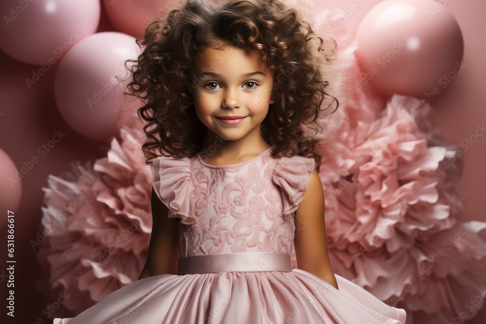 Beautiful little baby doll princess with curly hair in a pink fluffy ...