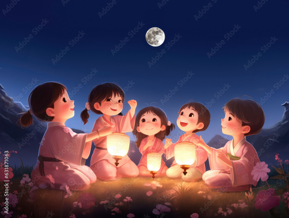 Children Playing with Lanterns under the Moon at night. Stock ...
