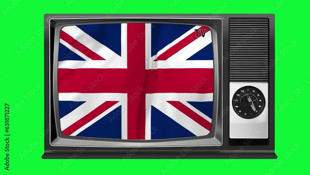 Waving flag of United Kingdom on the screen of an old TV set, isolated ...